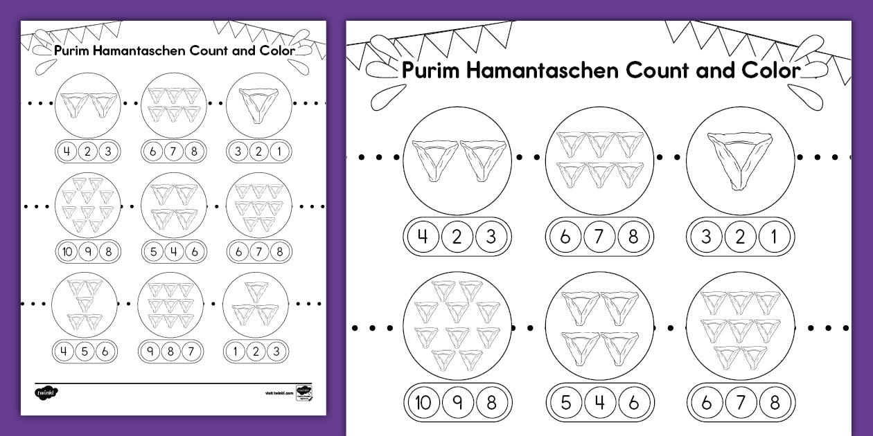 Purim Hamantaschen Count and Color Worksheet for K-2nd Grade