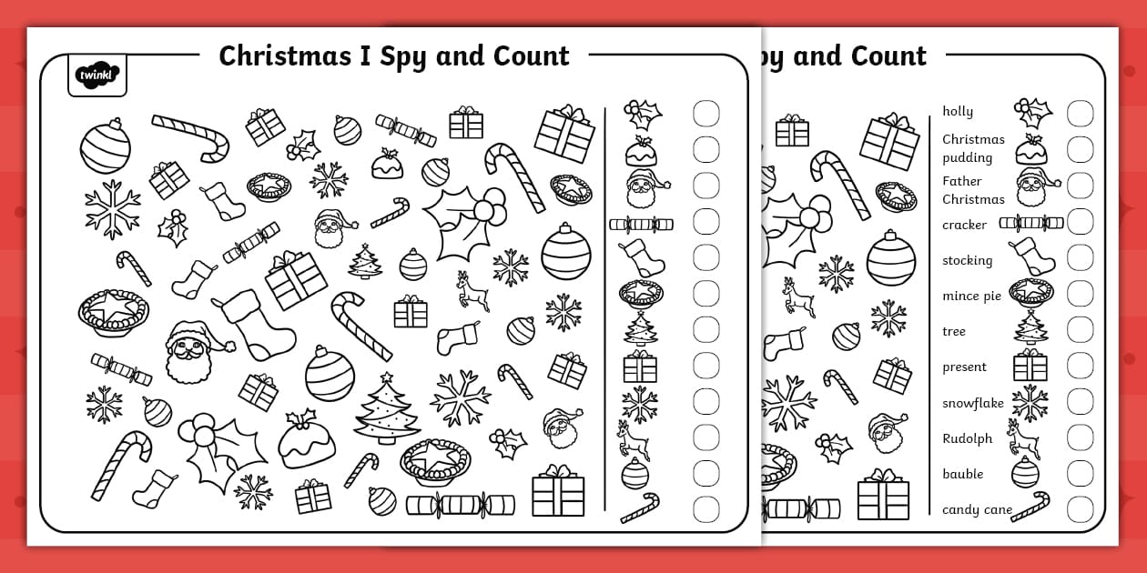 Christmas I Spy and Count Colouring Page (teacher made)