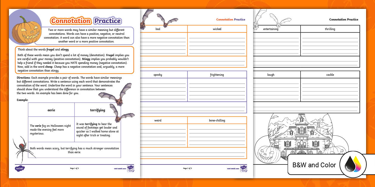 Halloween Writing Connotation Practice for 6th-8th Grade