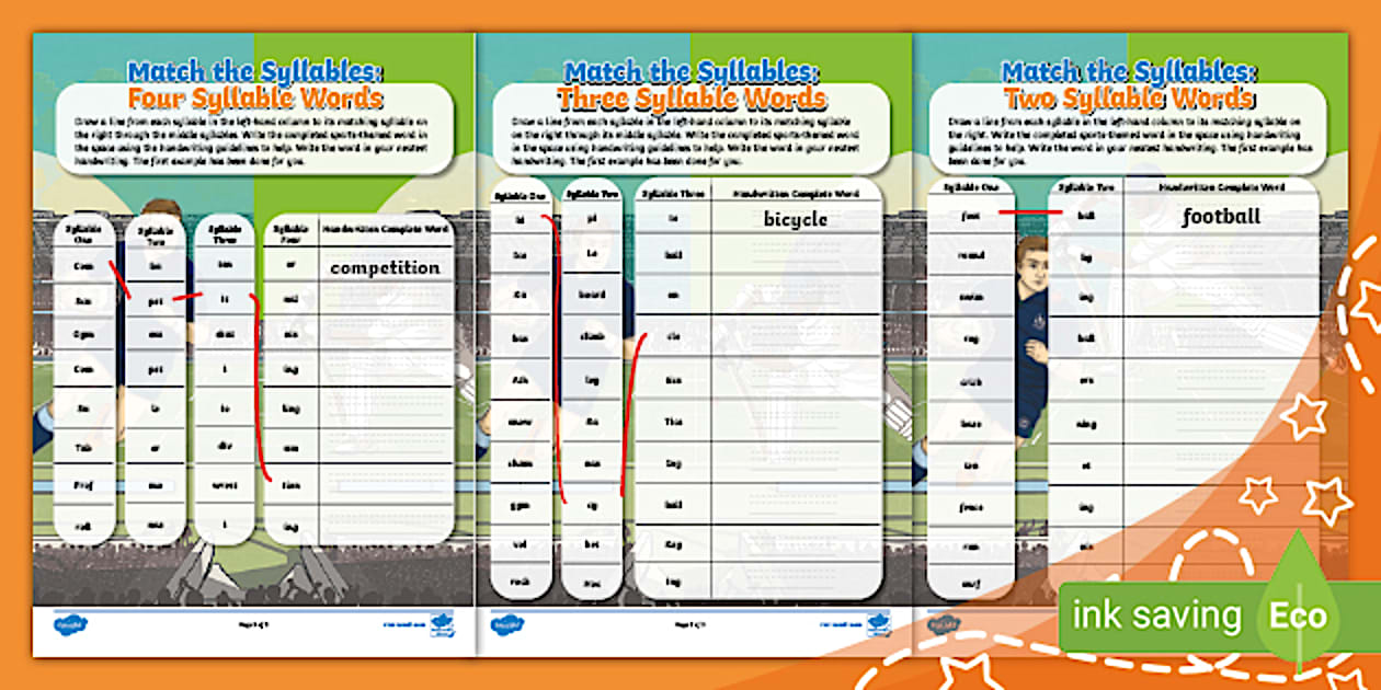 Sports-themed Handwriting Practice - Match the Syllables