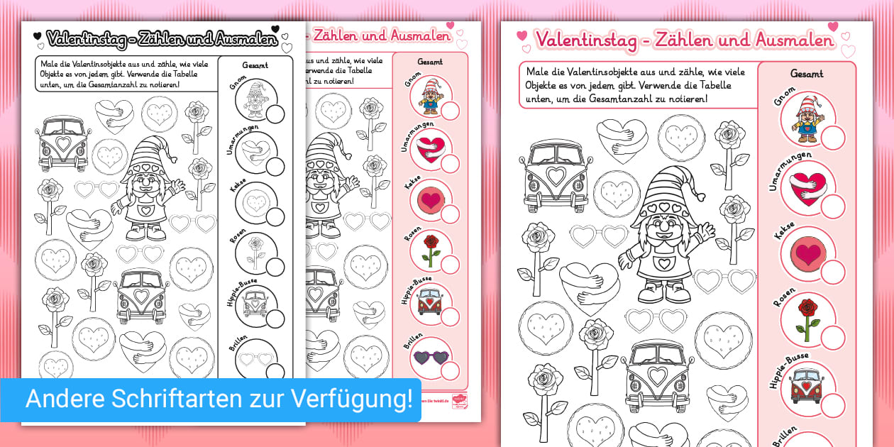 Valentinstag - Zählen und Ausmalen Arbeitsblatt - Twinkl