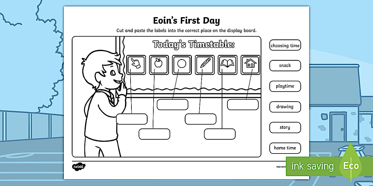 Exploring My World Aistear - Eoin's First Day Cut and Paste Worksheet