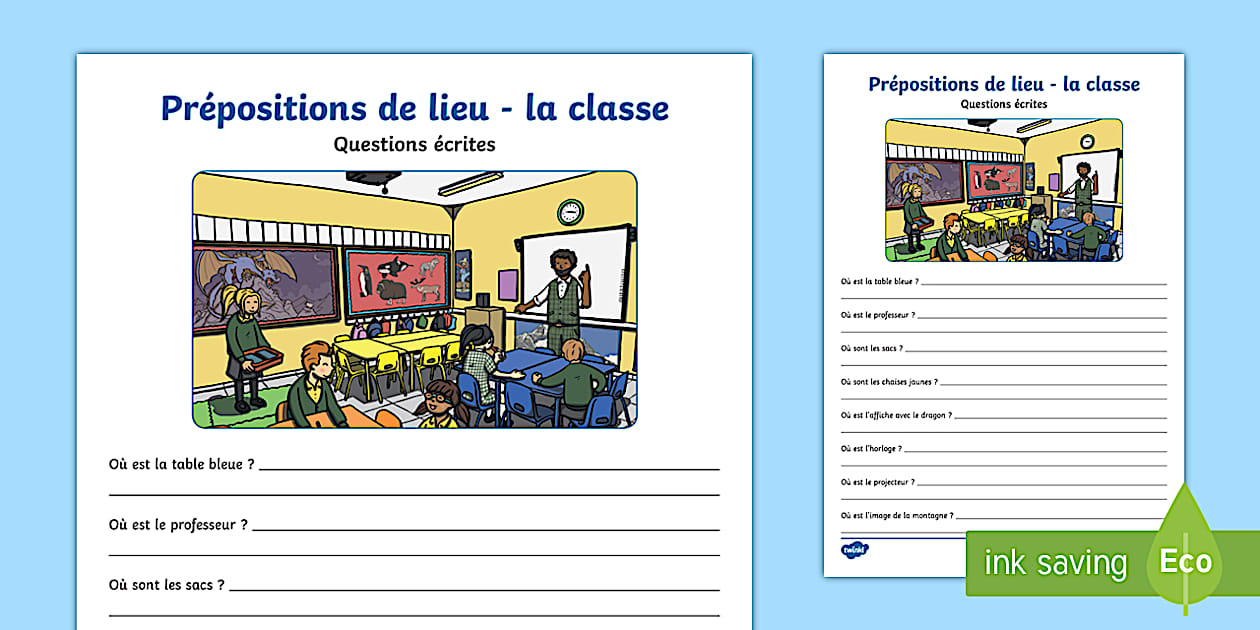 Feuille d'activités : prépositions de lieu - la salle de classe