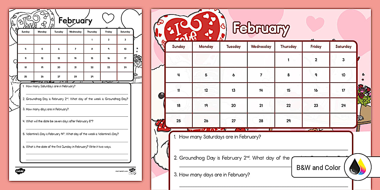 February Reading a Calendar Activity for K-2nd Grade