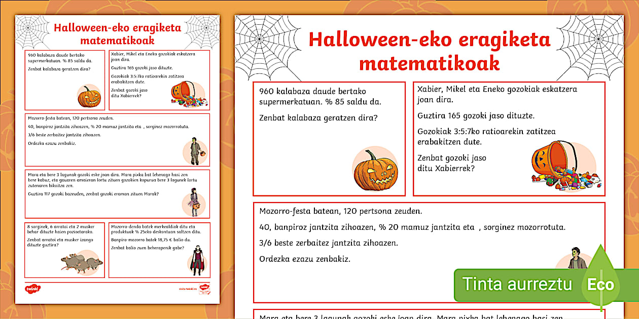 Fitxa: Halloween-eko eragiketa matematikoak - Euskera