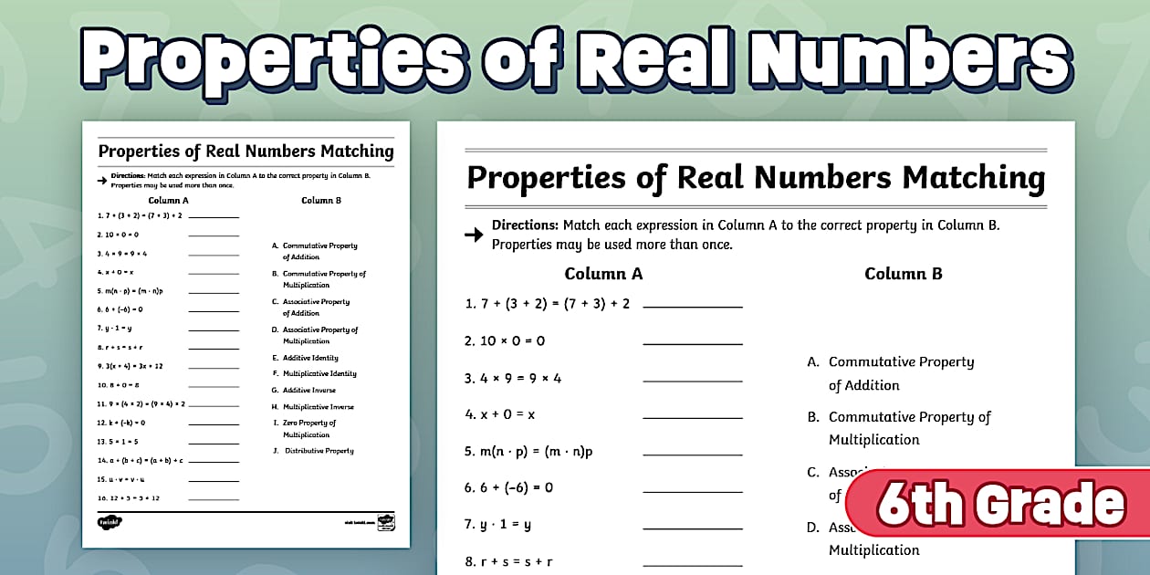 Sixth Grade Properties of Real Numbers Matching Worksheet