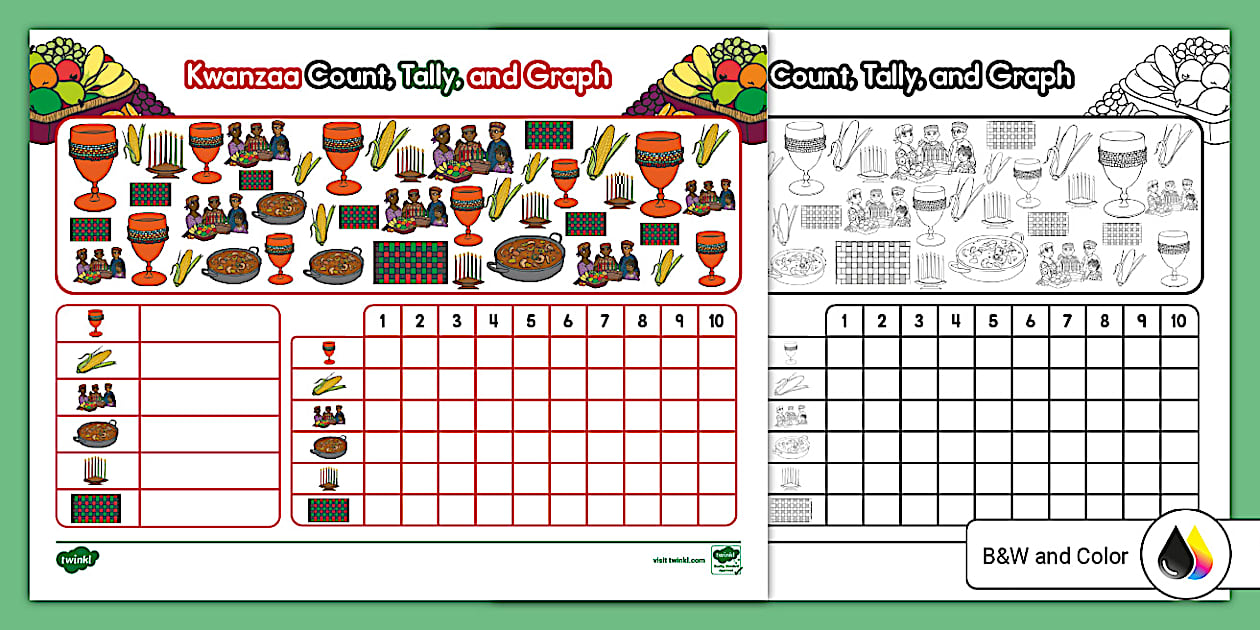First Grade Kwanzaa Count, Tally, and Graph Activity Worksheet