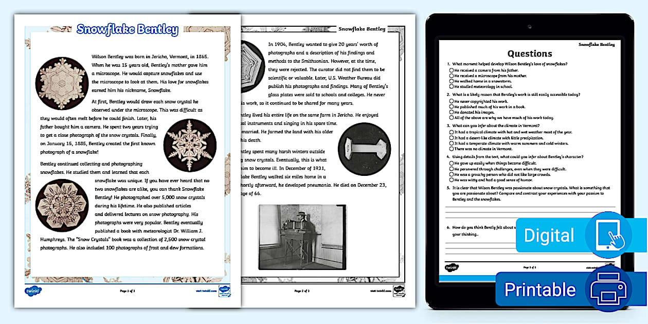 Fourth Grade Snowflake Bentley Reading Comprehension Worksheet