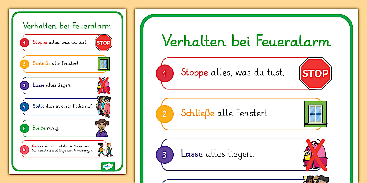 Verhalten bei Feueralarm - Poster (professor feito) - Twinkl