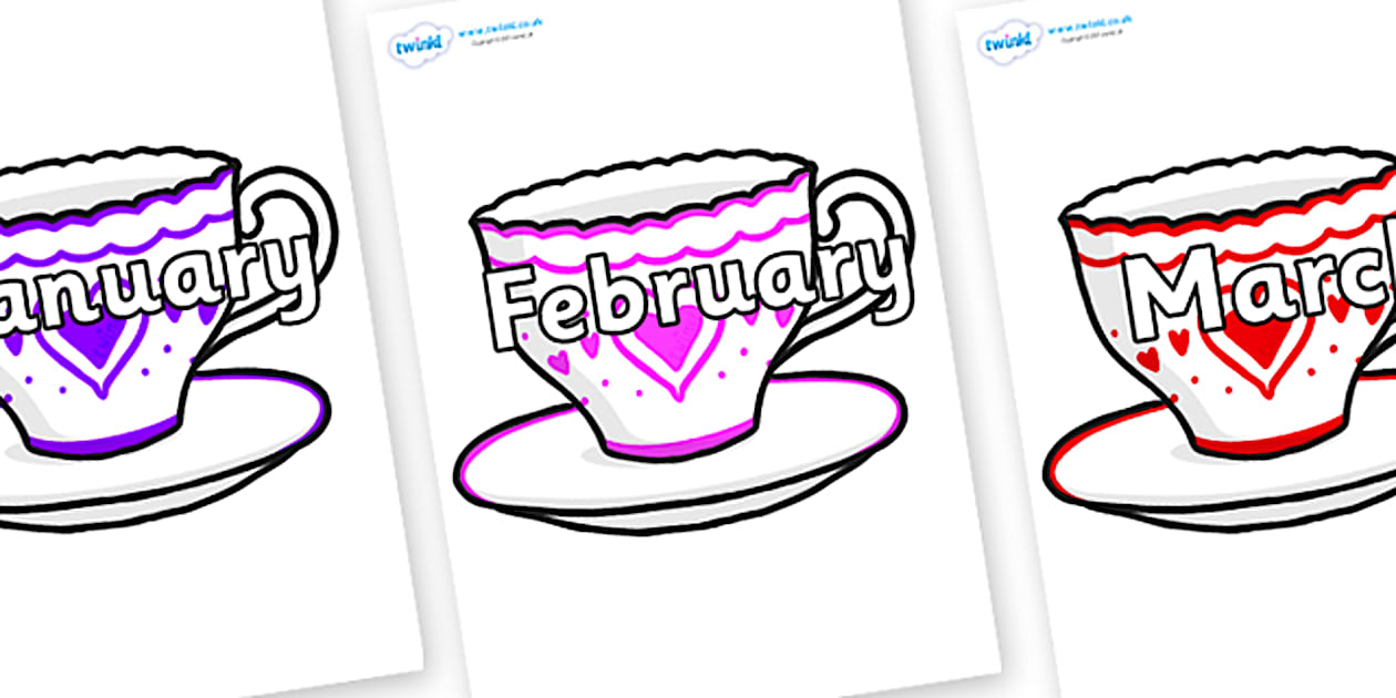 Cursive Months of the Year on Cups and Saucers - Twinkl