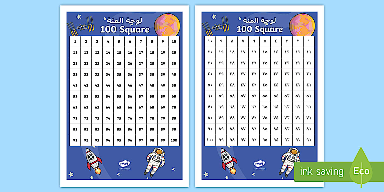 Space Themed 100 Number Square Number Square Arabic/English