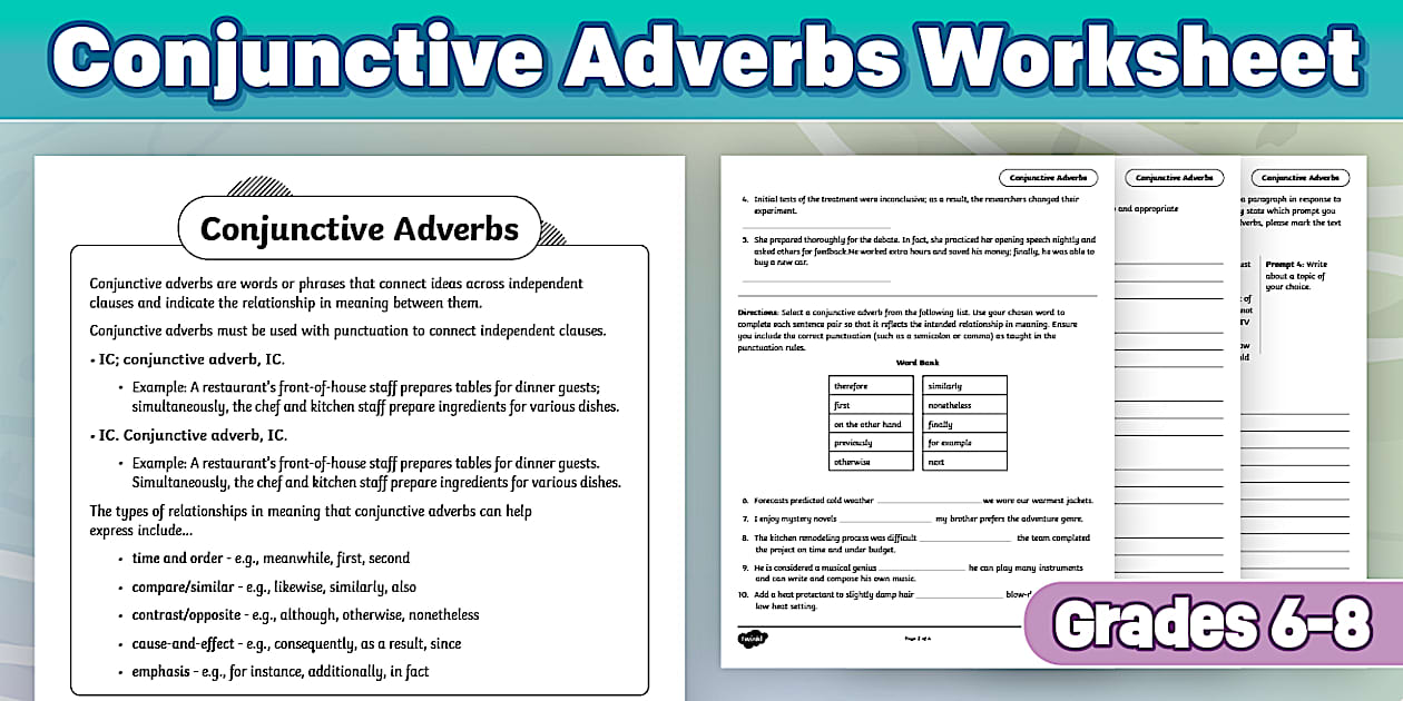 Conjunctive Adverbs Worksheet for 6th-8th Grade
