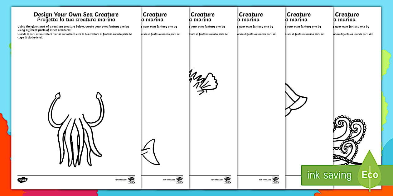Under the Sea Design Your Own Sea Creature Worksheets - Italian / English