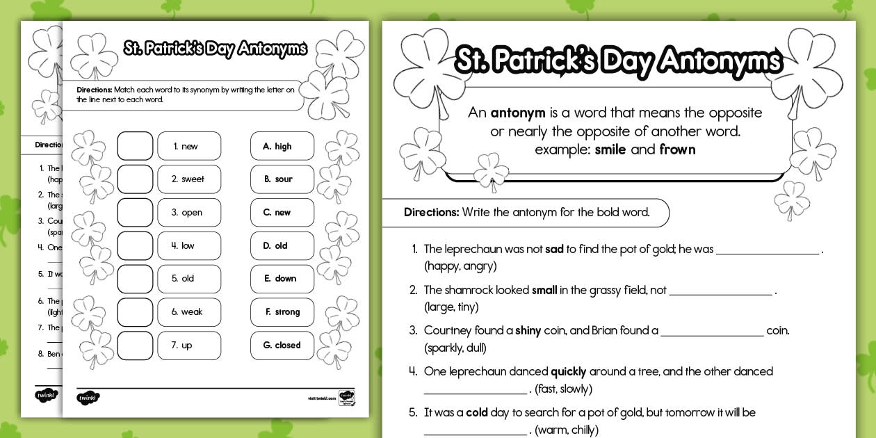 Second Grade St. Patrick’s Day Antonyms Worksheet