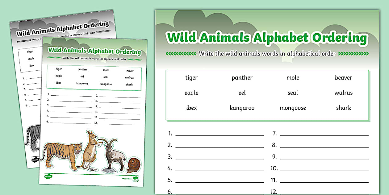 Wild Animals Alphabet Ordering Worksheet - Twinkl