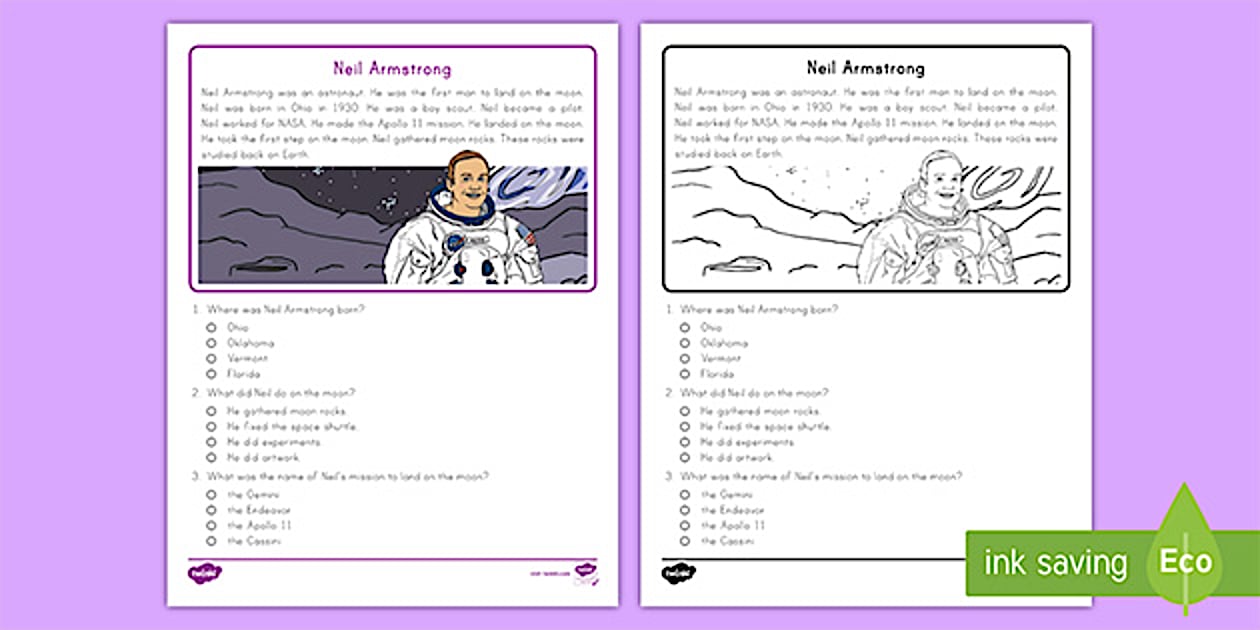 Kindergarten Neil Armstrong Reading Comprehension Activity Worksheet