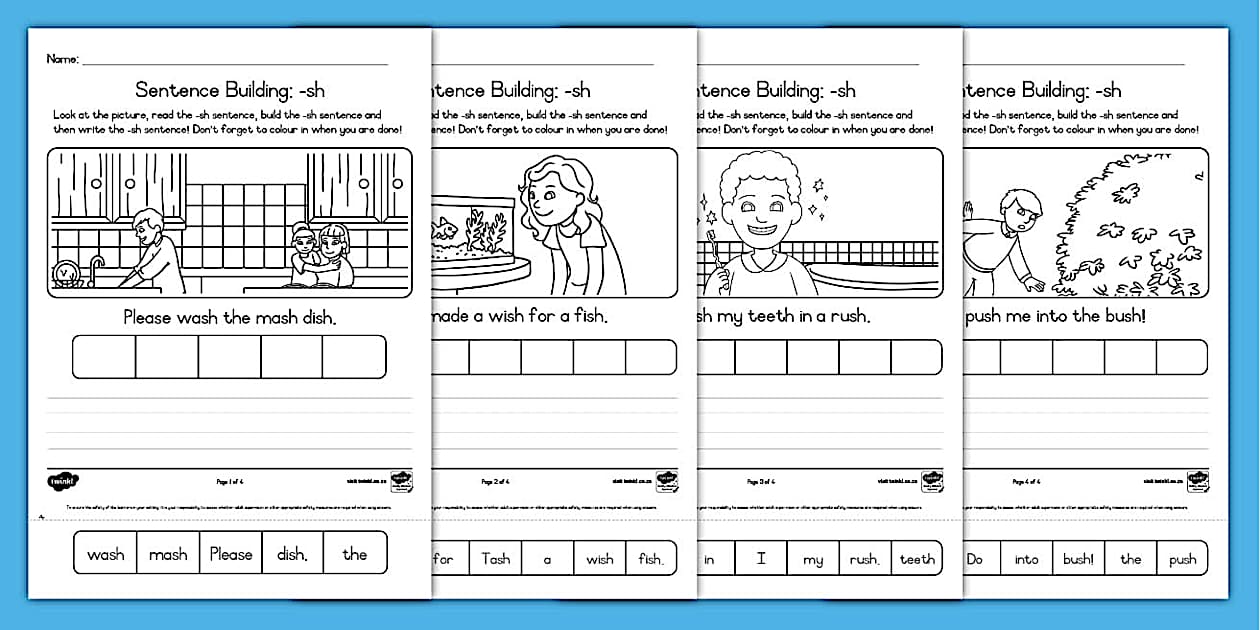 Grade 1 English - Phonics - Worksheet: Sentence Building: -sh