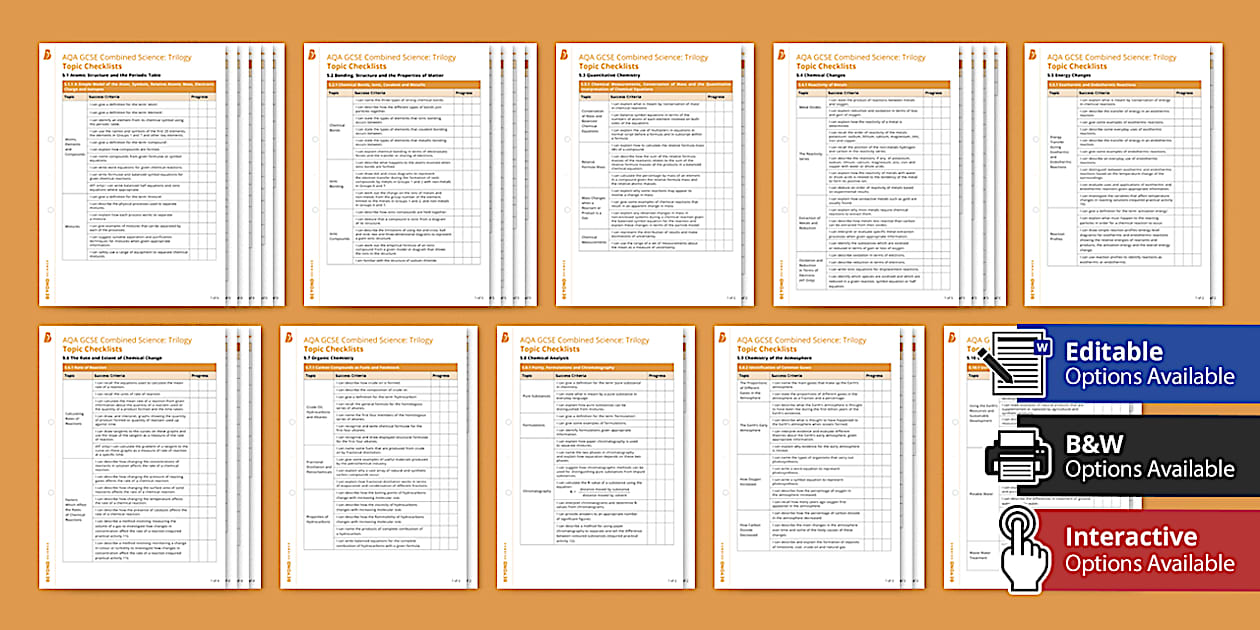 Aqa Gcse Combined Science Trilogy Chemistry Checklists Bundle