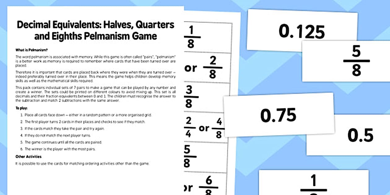 Year 6 Decimal Equivalents Halves Quarters and and Eighths Pelmanism Game