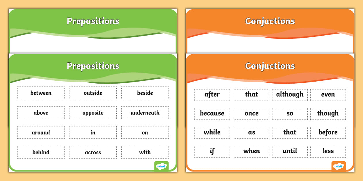 Conjunctions and Prepositions Sorting Mats - ESL Connectives Resources