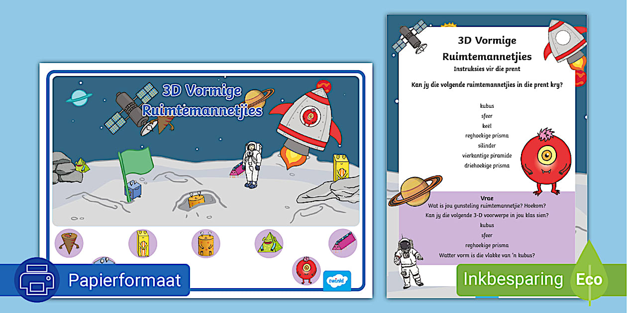 Soek die 3-D Vormige Ruimtemannetjies Aktiwiteit - Twinkl