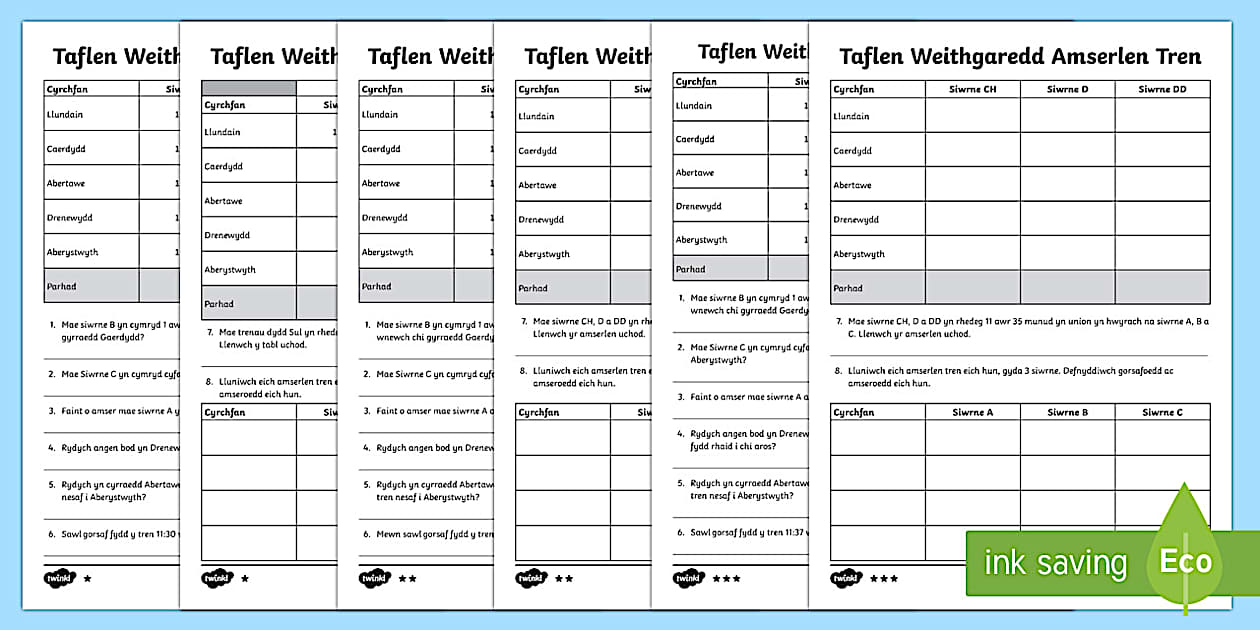 Taflenni Gwaith Amserlen Trên