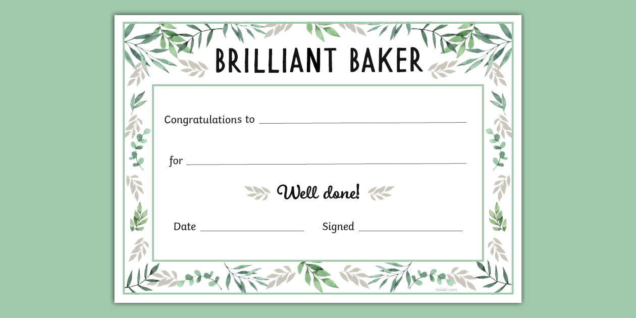 Muted Botanical Themed Brilliant Baker Certificate - Twinkl