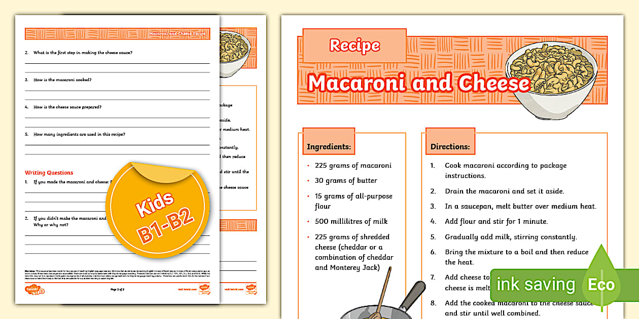 ESL Macaroni and Cheese Recipe [Kids, B1-B2] | Twinkl