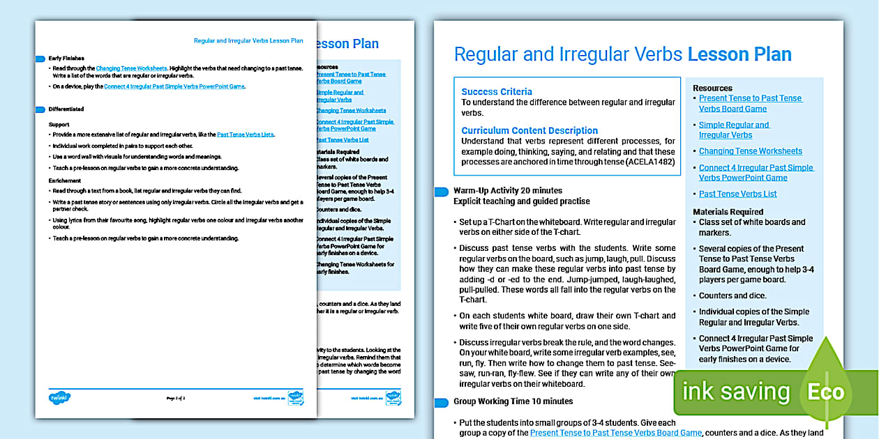 Regular and Irregular Verbs Lesson Plan | Year 3 Australia