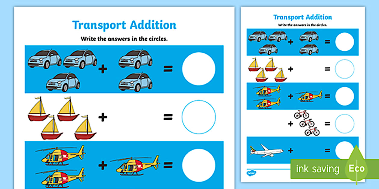 Transport Addition up to 5 Worksheet