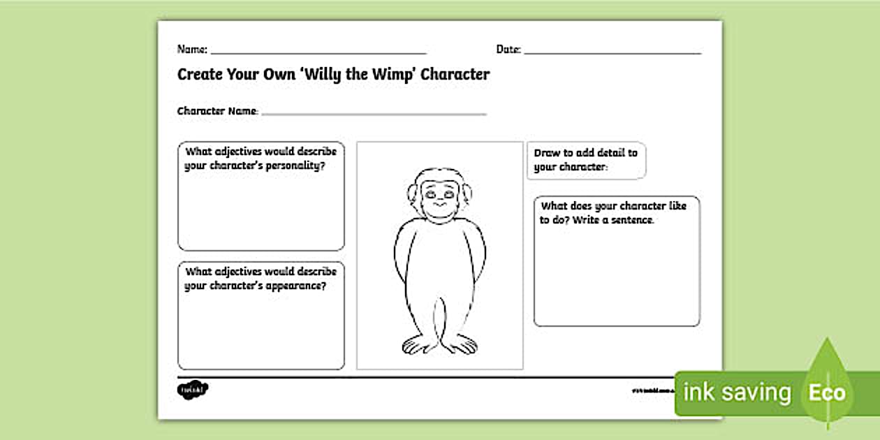 Willy the Wimp Activities | Create a character Worksheet