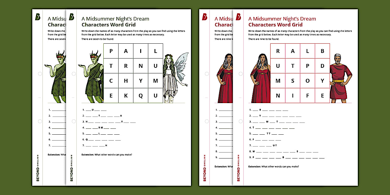 A Midsummer Night's Dream Characters Word Grid Game - Twinkl