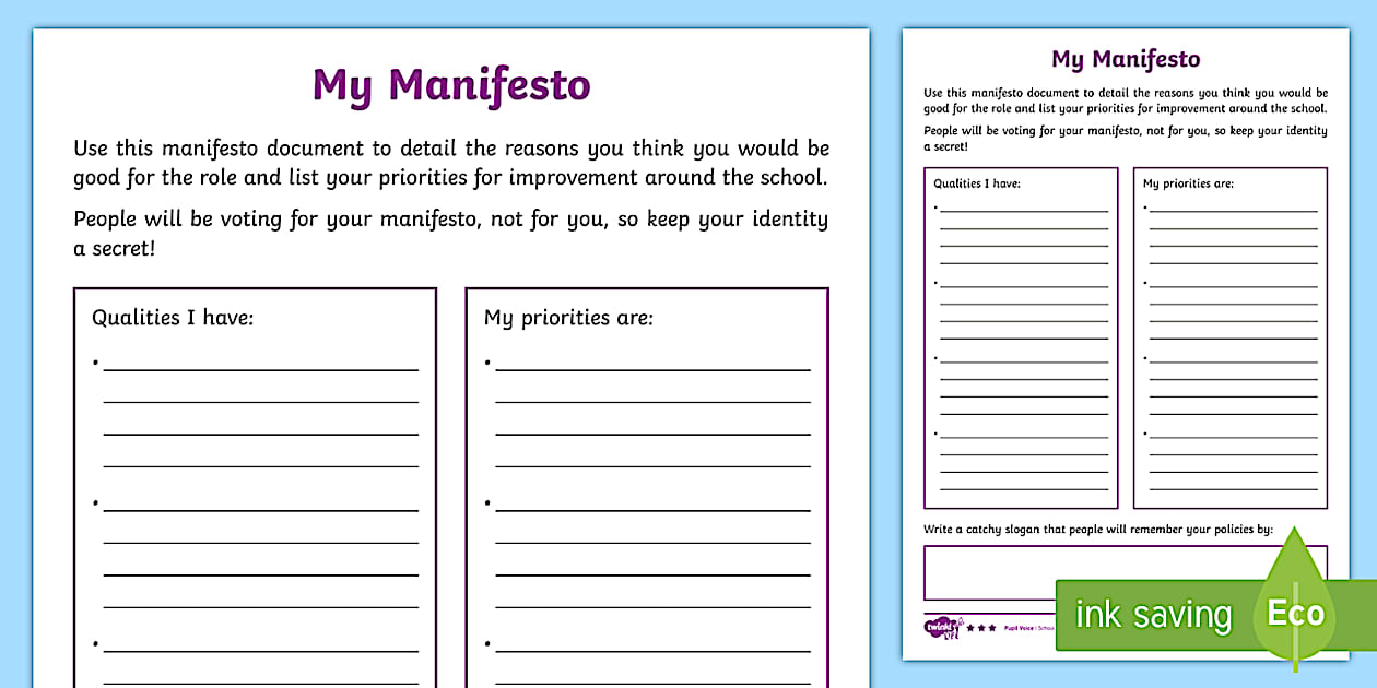 Pupil Voice - School Community - Learning Leaders - Manifesto Worksheet