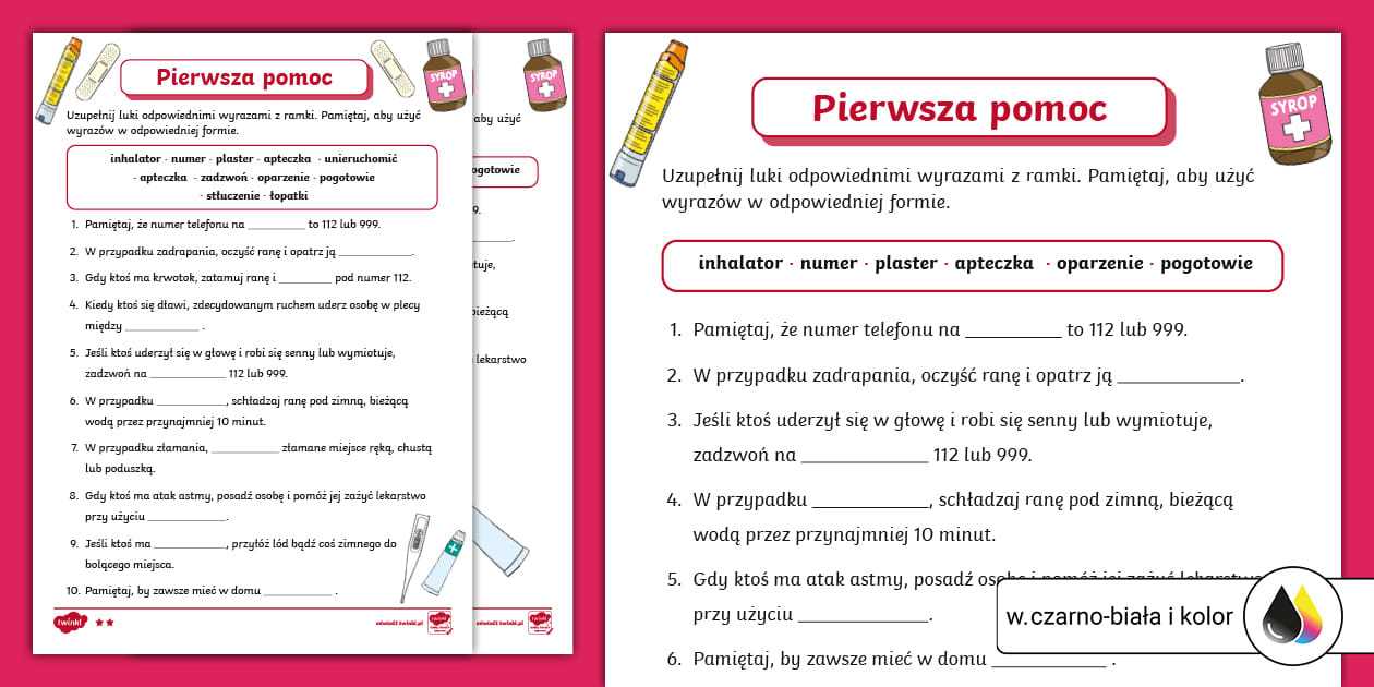 Pierwsza pomoc karty pracy dla dzieci | Uzupełnij luki