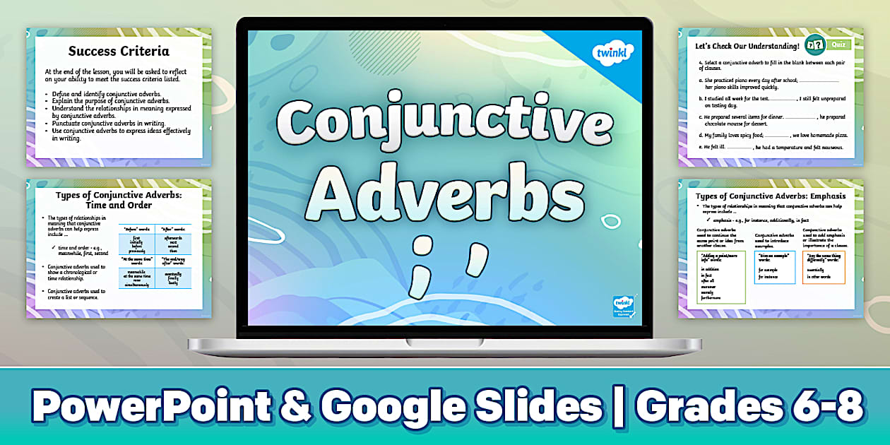 Conjunctive Adverbs PowerPoint & Google Slides for 6th-8th