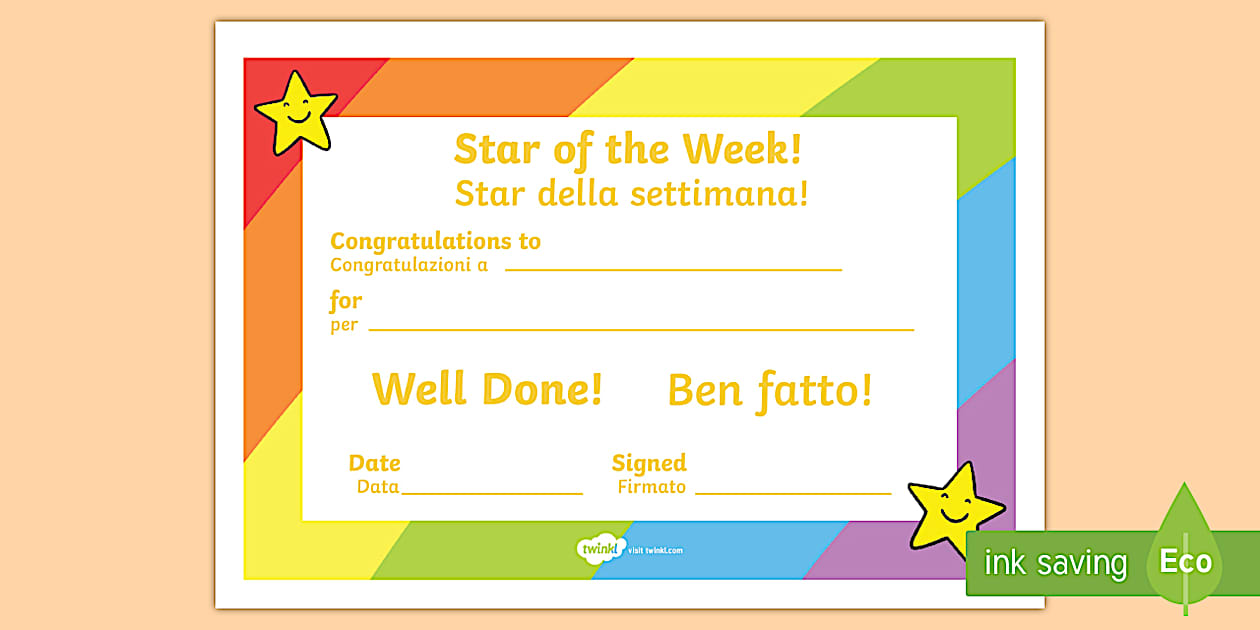 Editable Star of the Week Award Certificate English/Italian