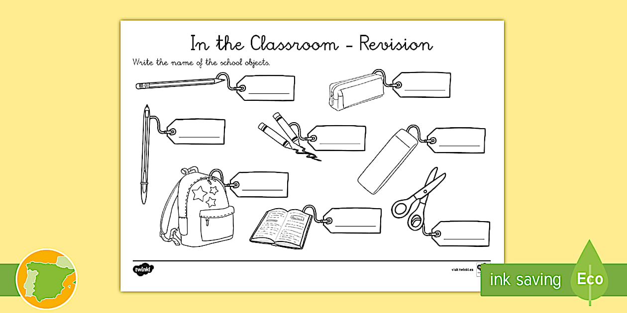 A1 Ficha de actividad: escribe los objetos de clase en inglés (8 palabras)