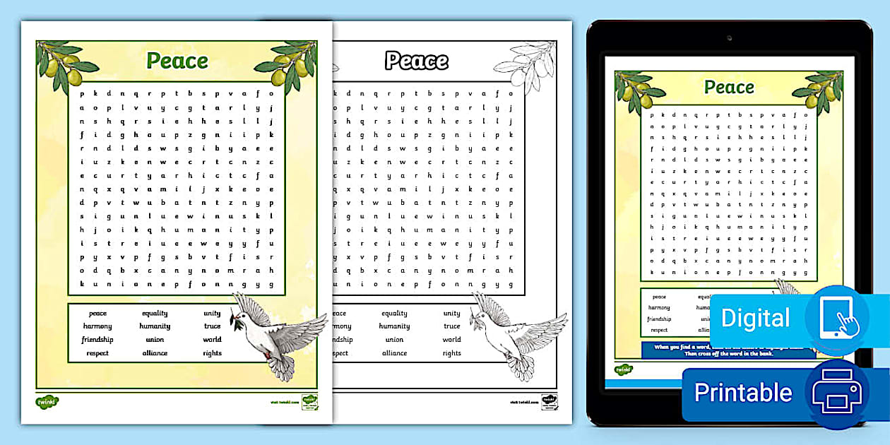 Peace Word Search for 3rd-5th Grade (Teacher-Made) - Twinkl