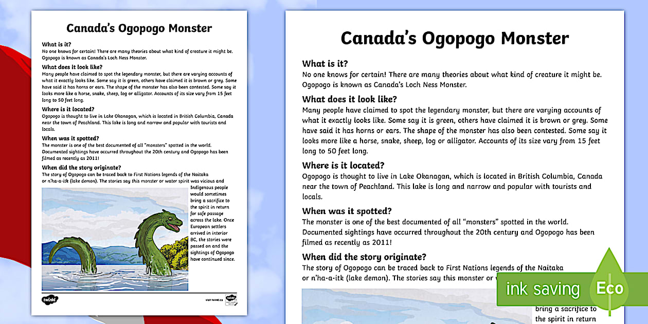 Canada's Ogopogo Monster Fact Sheet (teacher made) - Twinkl