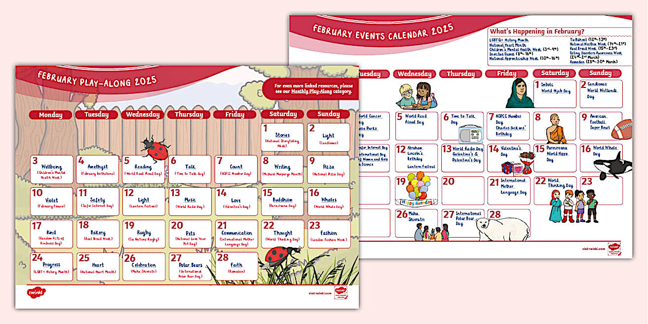 February Events Calendar and Play-Along Pack (2025) - Twinkl