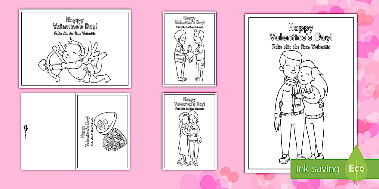 Valentine's Day Coloring-in Cards English/Spanish - Twinkl