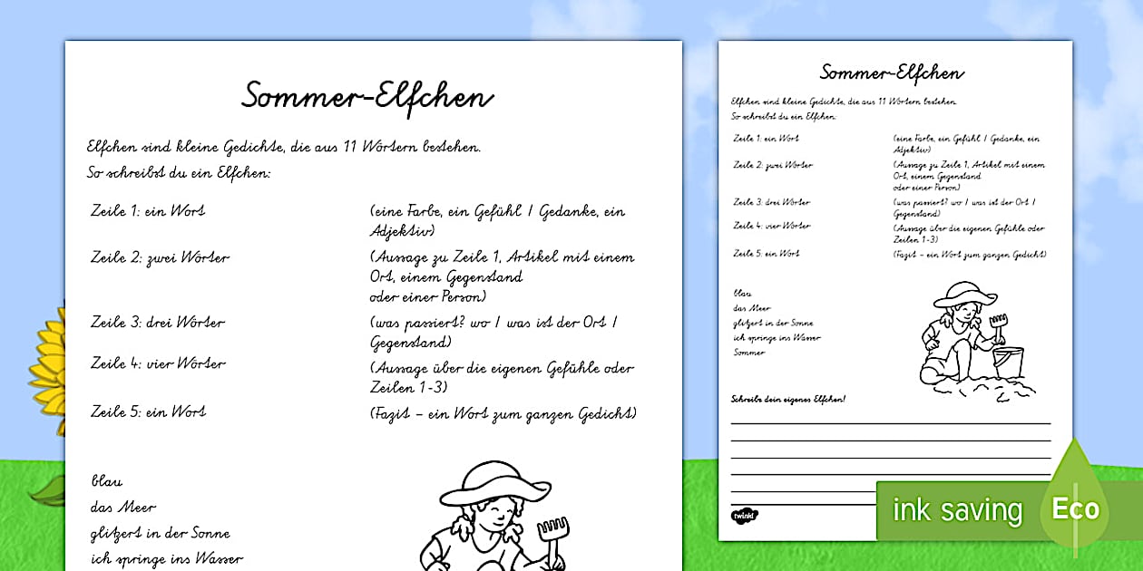 Sommerliche Elfchen-Schreibvorlage (teacher made) - Twinkl