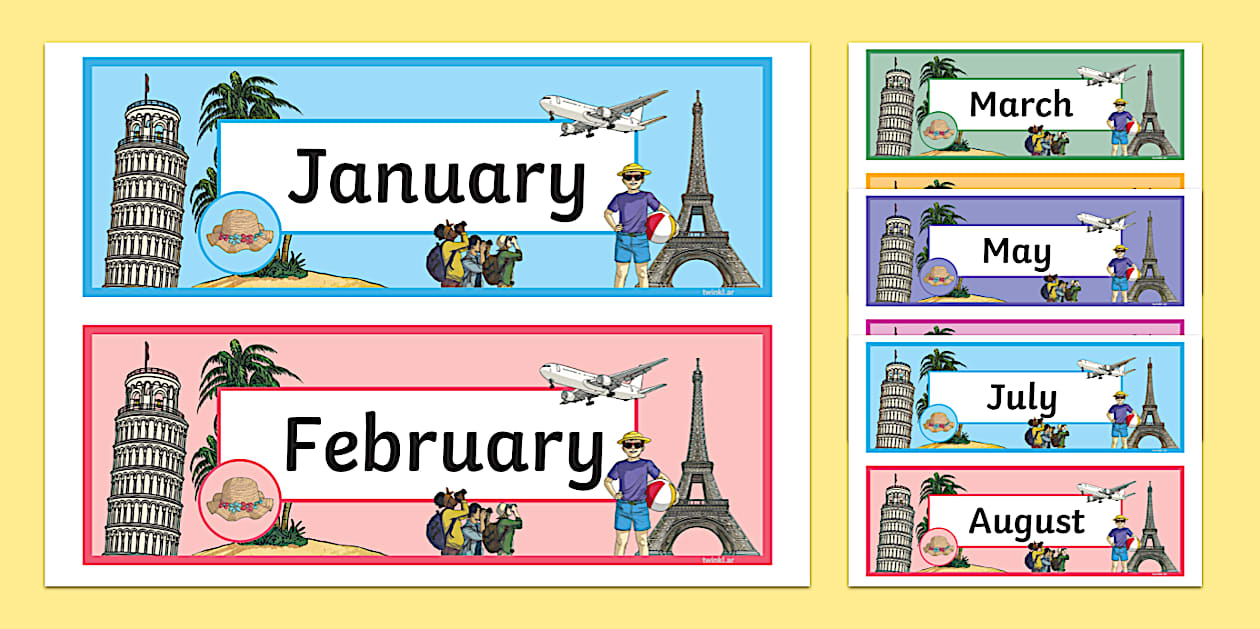 Travel-Themed Months of the Year Display Cards - Twinkl