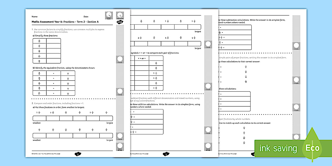 Editable Year 6 Maths Assessment Term 2 Fractions - Twinkl