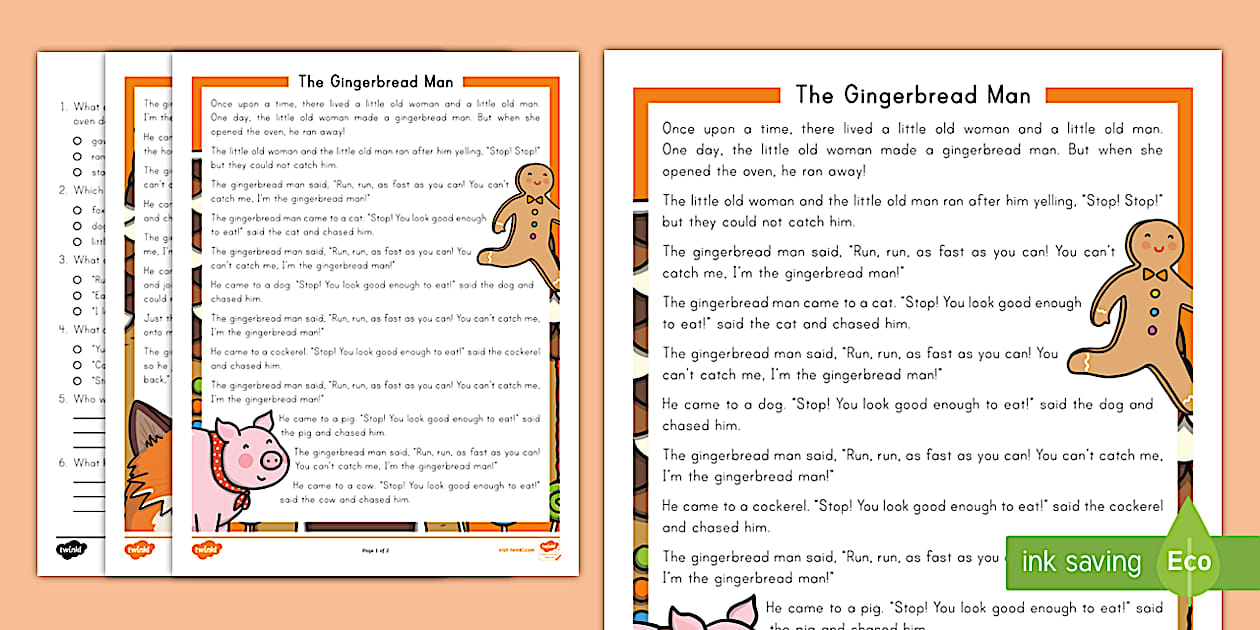 Second Grade The Gingerbread Man Reading Comprehension Worksheet