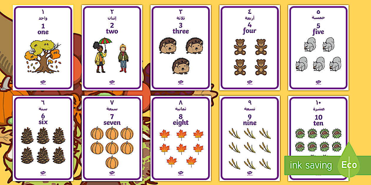 Autumn Themed 1 to 10 Word and Number Display Posters Arabic/English