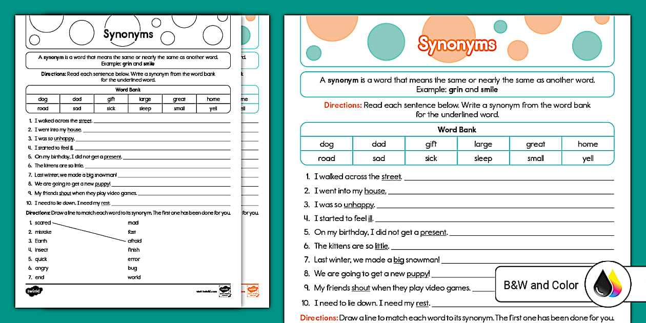 Second Grade Synonyms Worksheet (Teacher-Made) - Twinkl