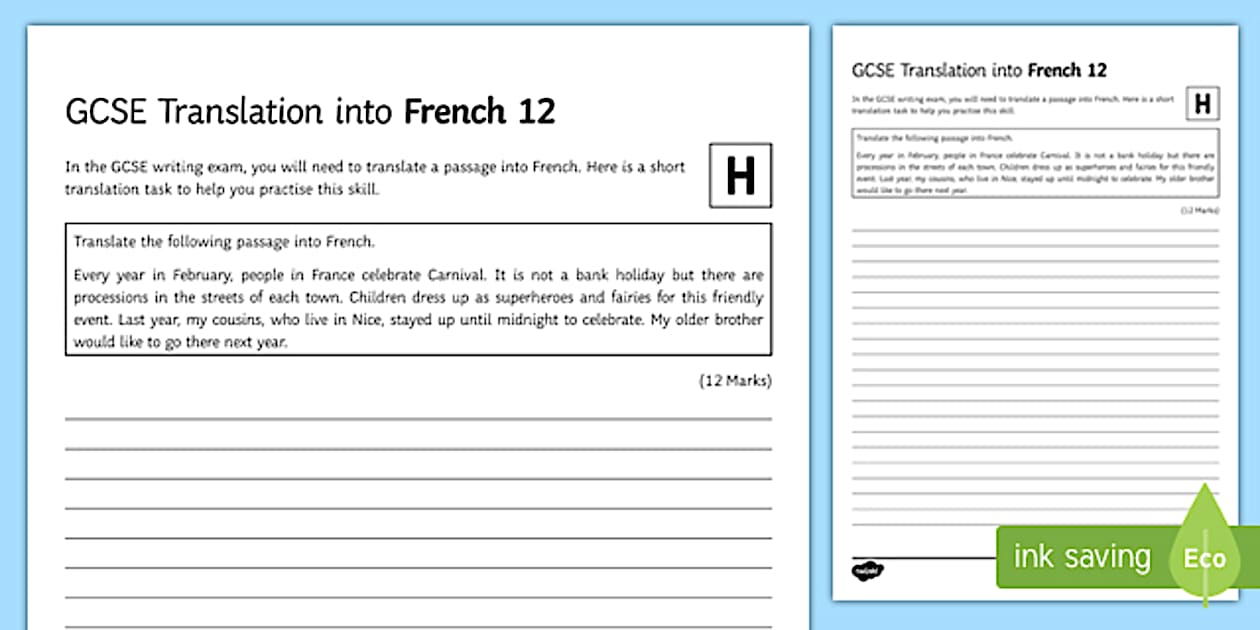 GCSE French: Translation into French - 12 Higher Tier Worksheet