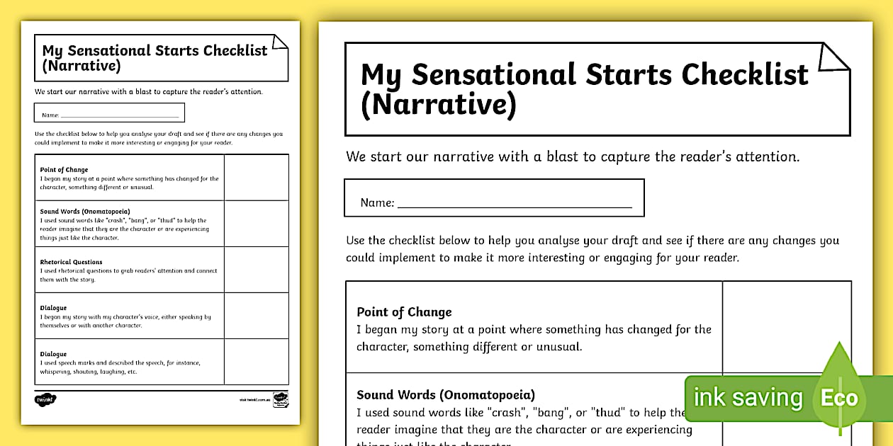 Sensational Starts Student Checklist (Narrative) - Twinkl