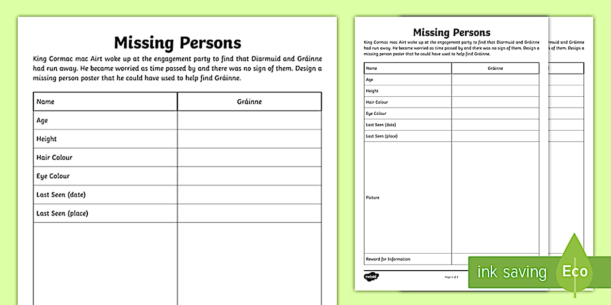Missing Persons Poster for Diarmuid and Gráinne Worksheet / Worksheet